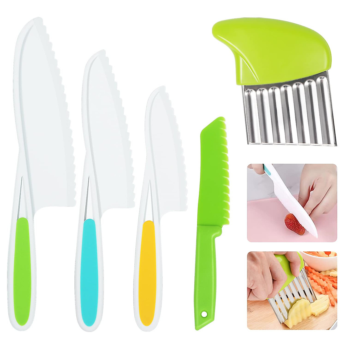 Kids Knife Set 5 Pcs Toddler Safe Knives Plastic Child Friendly Knife with Crinkle Cutter BPA-Free Serrated Edges Kitchen Tools for Real Cooking and Cutting Lettuce Board Sandwich