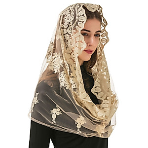 PAMOR Gold Embroidered Traditional Vintage Inspired Infinity Veil Mantilla Veils Mass Head Covering
