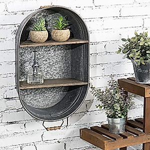 MyGift Rustic Tub Design Galvanized Metal Wall Shelf Rack with 2 Tier Vintage Wood Display Shelves