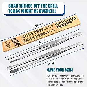 Kitchen Tweezers Tongs for Cooking - 12 Inch - 2 Pack Kitchen tongs Stainless Steel Cooking Tongs- Extra Long Tweezers for BBQ, Grilling, Pet Feeding, Arts and Crafts etc