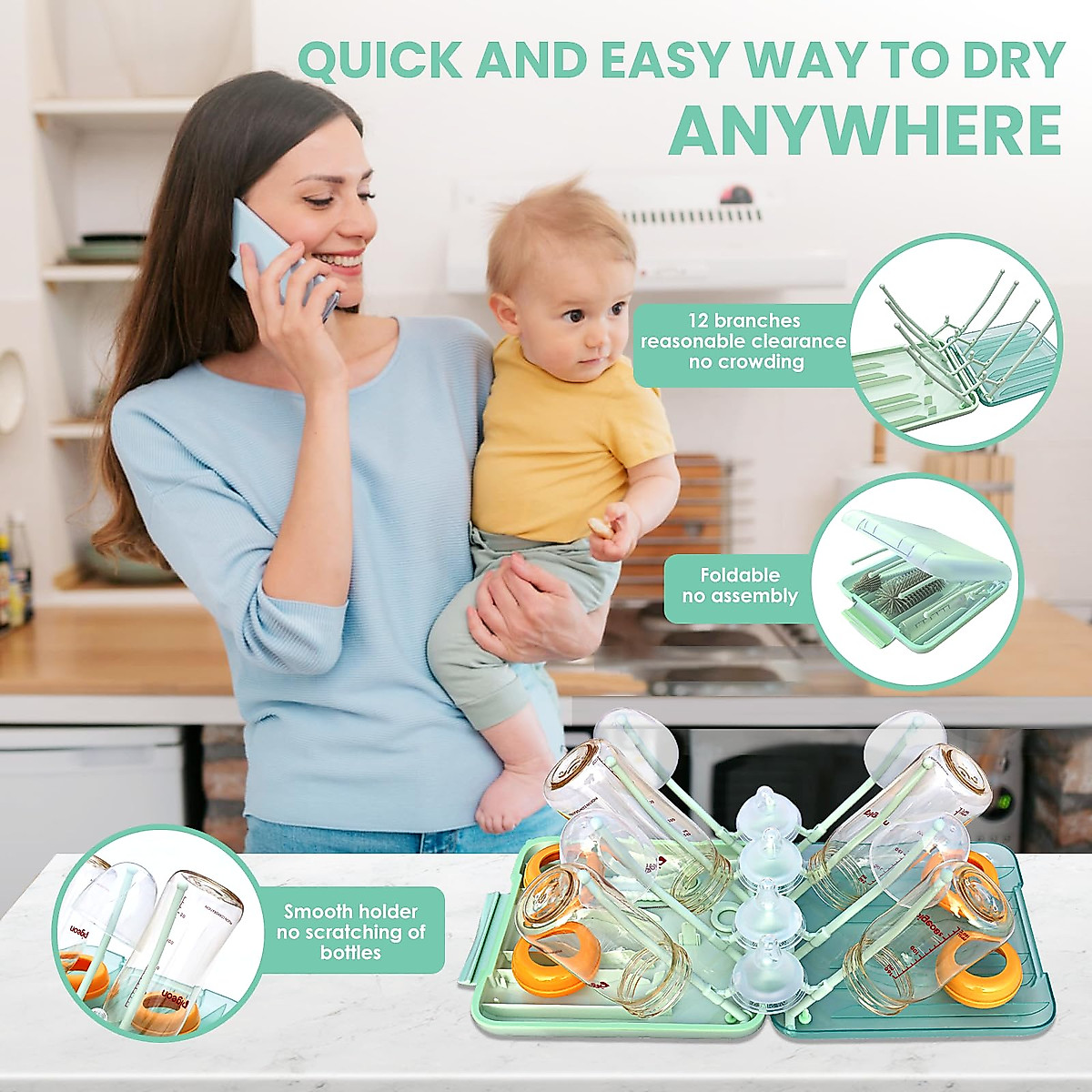 Rrwin Bottle Brush Cleaner Kit with Baby Bottle Drying Rack, Exendable Silicone Bottle Brush, Nipple Brush, Straw Brush, Soap Dispenser & Storage Box. Compact Size for Babies and Moms,Orange