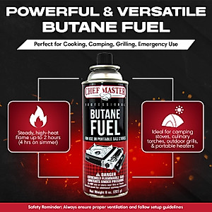 Chef Master 90340 | Pack of 4 Butane Fuel Cylinders| 8oz Butane Canisters for Portable Stove | Butane Torch Replacement Canisters