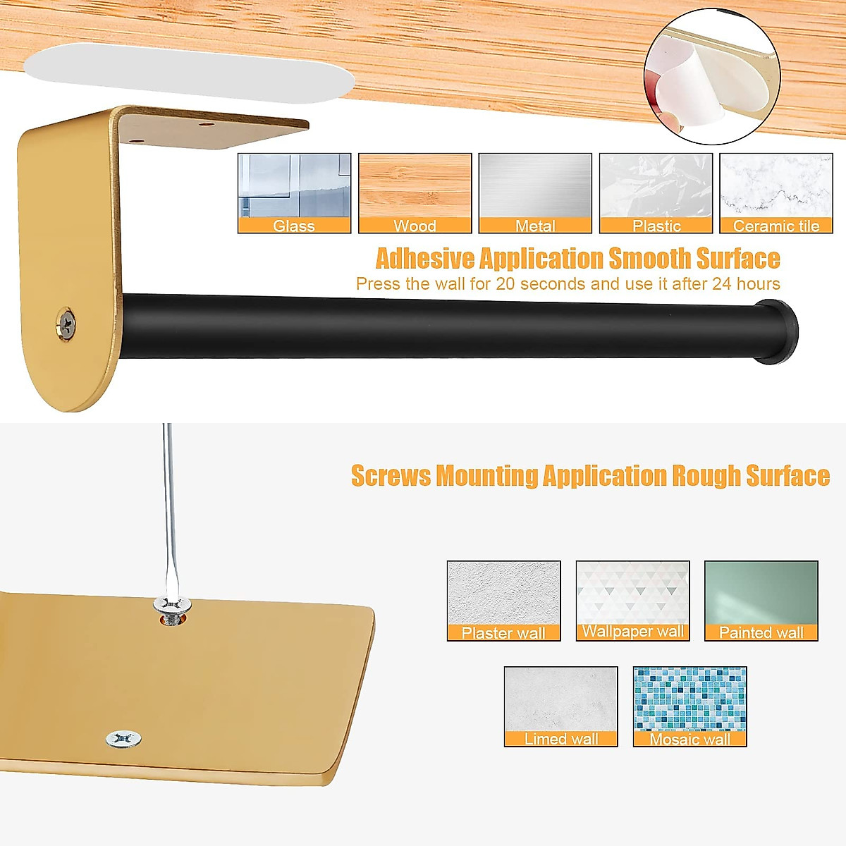 BICHONG Paper Towel Holder Under Cabinet,Self Adhesive or Drilling Stainless Steel Under Cabinet Paper Towel Holder,Paper Towel Holder Wall Mount for Kitchen, Bathroom, 12in