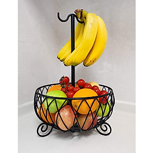 TREEZITEK Large Wire Fruit Basket Bowl Stand with Banana Hanger,Fruit Bowl with Banana holder Black