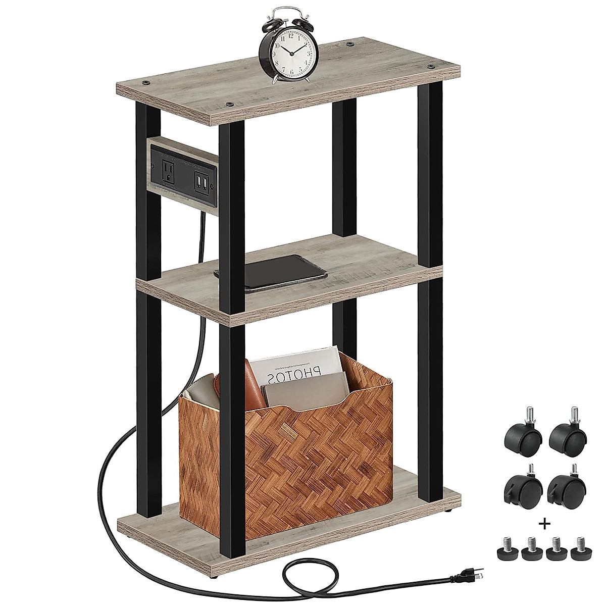 TUTOTAK Small Narrow Side Table with Charging Station, Skinny End Table for Small Spaces, Slim Nightstand with USB Ports and Outlet, Sofa Beside Table with Wheels, Greige TB01BG046