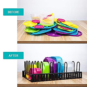 GeekDigg Expandable Food Container Lid Organizer for Plastic Lids for Cabinet, with 6 Adjustable Dividers, for Pantry Shelves, Cupboards, Cabinets, Drawers, Black