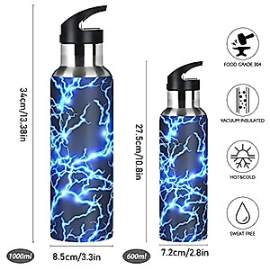 Kigai Blue Lightning Stainless Steel Sports Water Bottle BPA-Free Vacuum Insulated Leakproof Wide Mouth Flask with Straw Lid Keeps Liquids Cold or Hot for Gym Travel Camping