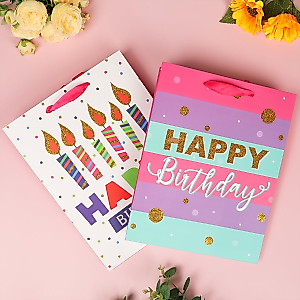 Dimetey 2 Pack 12.6" Large Gift Bag with Tissue Paper and Happy Birthday Card for Birthdays (Pink)