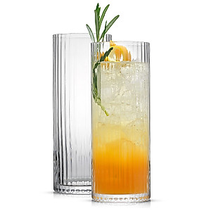 JoyJolt 16oz Fluted Highball Glasses - 2 Ribbed Tall Cocktail Tumblers for Gin, Juice, Water