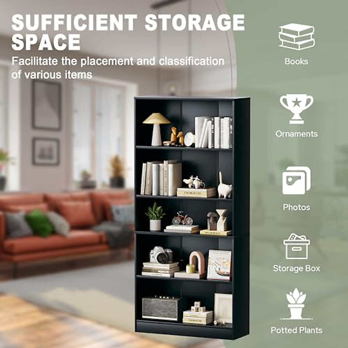 VICLLAX 5-Shelf Wood Bookcase, Wide Adjustable Open Bookshelf, Tall Display Storage Shelf for Living Room, Bedroom, Kids Room, Office, Black