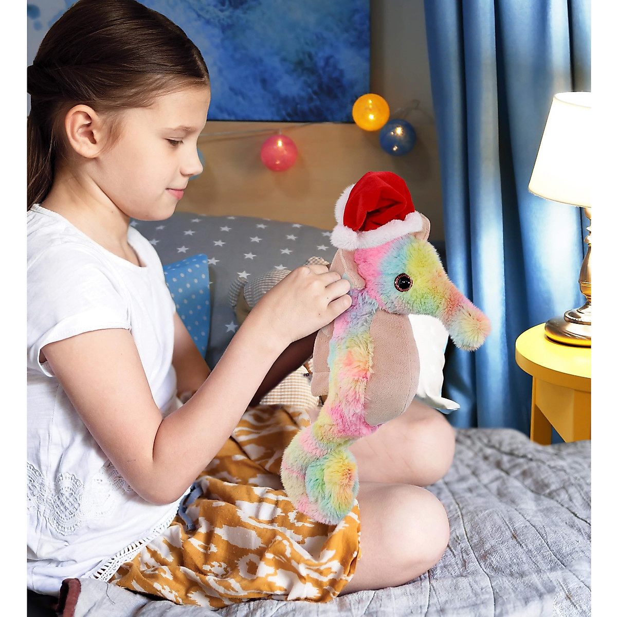 DolliBu Santa Rainbow Seahorse Stuffed Animal Plush Toy - Wild Animal Dress Up with Red Santa Claus Hat, Cute Wildlife Gift, Perfect Holiday with Name Personalization - 15 Inches