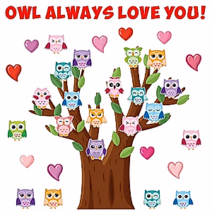 111Pcs Valentine's Day Classroom Tree Heart Owls Bulletin Board Cut 0ut Classroom Decoration, Colorful Owls Name Tags Tree Leaves Heart Bulletin Board for Teacher Student Back to School Party Supplies