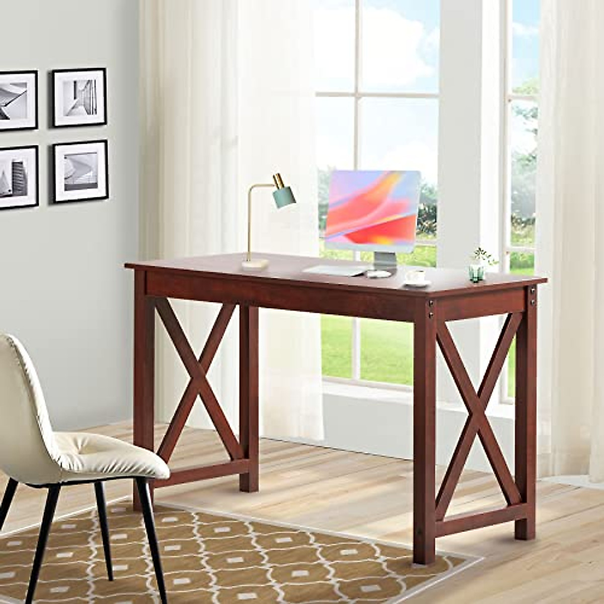 MINOSYS Writing Desk – 43.3” Computer Desk for Home Office, Sturdy Wooden Grain Work Desk with X Frame, Console Table for Living Room, Entryway, Study Room, Sofa, Cherry Color Farmhouse Desk.