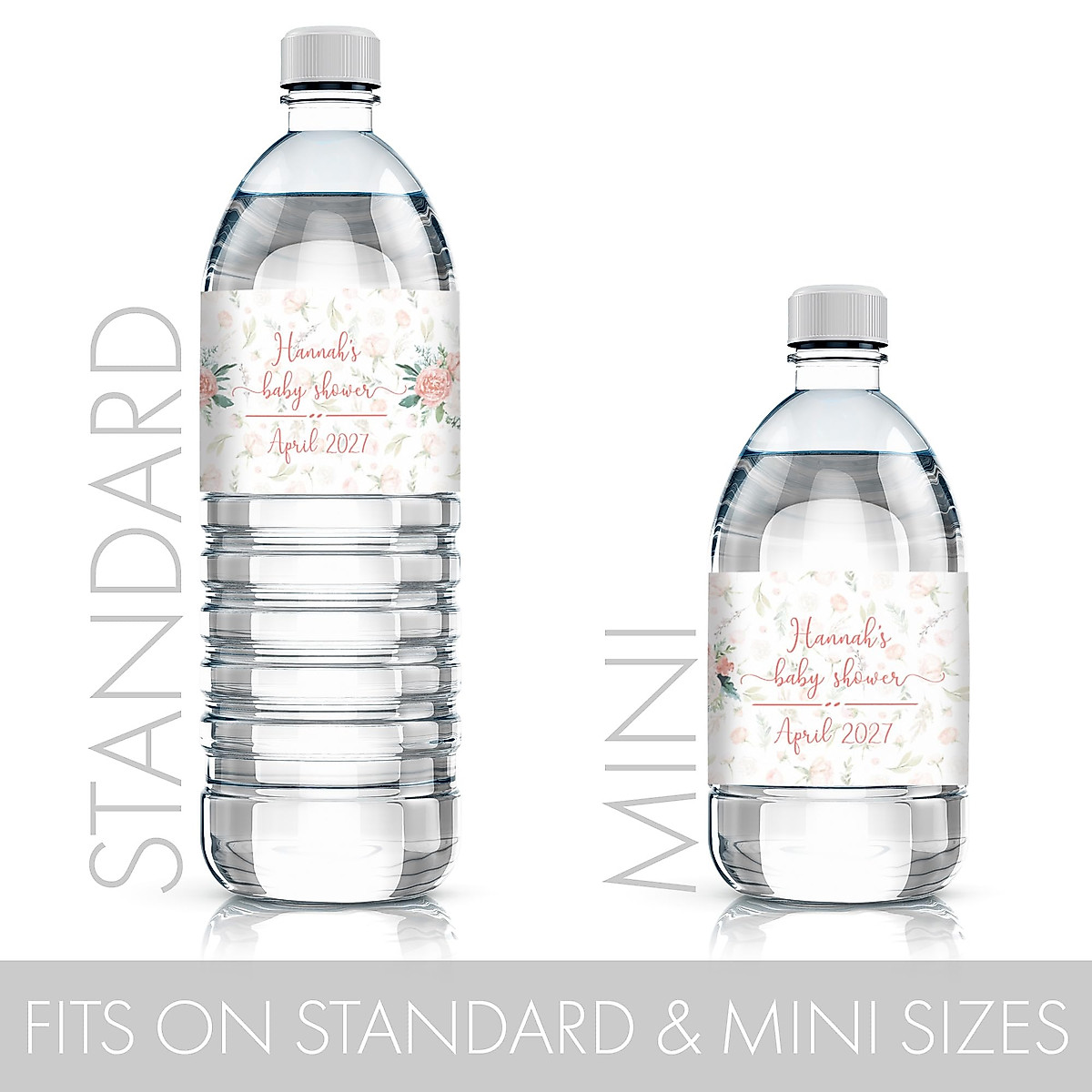 Personalized Pink Floral Baby Shower Water Bottle Labels - 24 Stickers