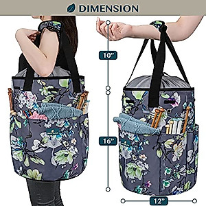PAVILIA Knitting Bag Crochet Organizer Bag, Yarn Storage Tote, Knitting Accessories Supplies, Yarn Holder for Knitting with Grommets, Needles Hooks Essentials, Crochet Project Case (Floral Gray)