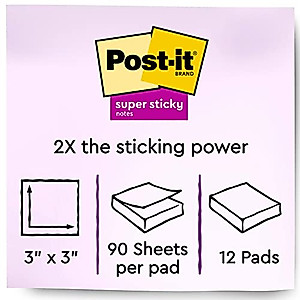 Post-it Super Sticky Notes, 3x3 in, 12 Pads, 2X the Sticking Power, Supernova Neons, Bright Colors, Recyclable (654-12SSMIA)