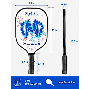 MCALEX Pickleball Paddles, Graphite Pickleball Paddle, Graphite Carbon Fiber Surface with Cushion Comfort Grip Easy to Hold, 8.2 Ounces (Blue/White)