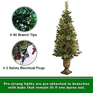 AsterOutdoor Pre-lit Christmas Tree 4ft Artificial Potted Fir with Lights Holly Berries Pine Cones Stands for Indoor Porch Table, Xmas Holiday Decoration, Easy Assembly