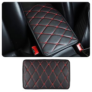 Center Console Cover,Soft Comfortable PU Leather Car Armrest Cushion,Waterproof and Anti-scratch Armrest Seat Box Cover Profector,Car Interior Accessories Universal For SUV/Truck/Vehicle (Black/Red)