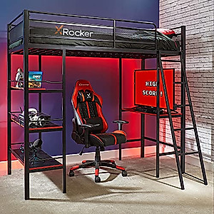 X Rocker I Fortress Gaming Bunk Bed I Built-in Desk and Shelving I Sturdy Metal Frame I Red Wooden Trim I Black
