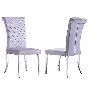AZhome Dining Chairs - Set of 2 Silver Gray Velvet Upholstered Chairs with Elegant V-Shaped Texture & Rolled Back, Silver Stainless Steel Legs