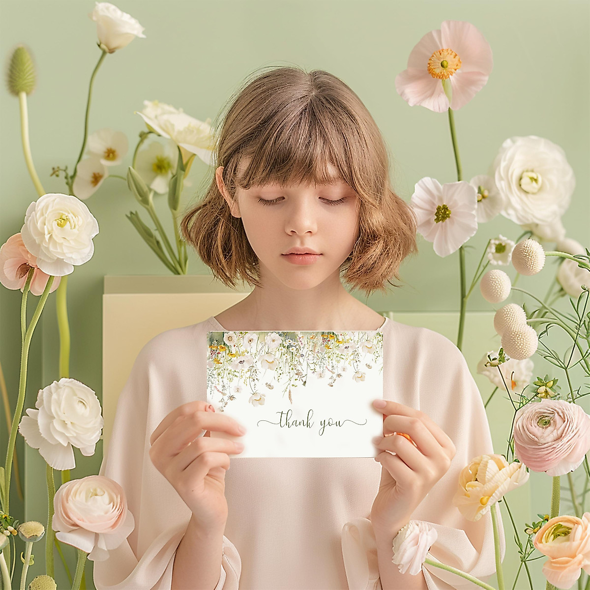 Floral Thank You Cards With Envelopes,20Pack - 4x6 Thank You Cards Set,Perfect Thank You Cards Bulk For All Occasions,incl. Baby Shower, Wedding, Birthday Party, Greeting (Olive green wildflowers)