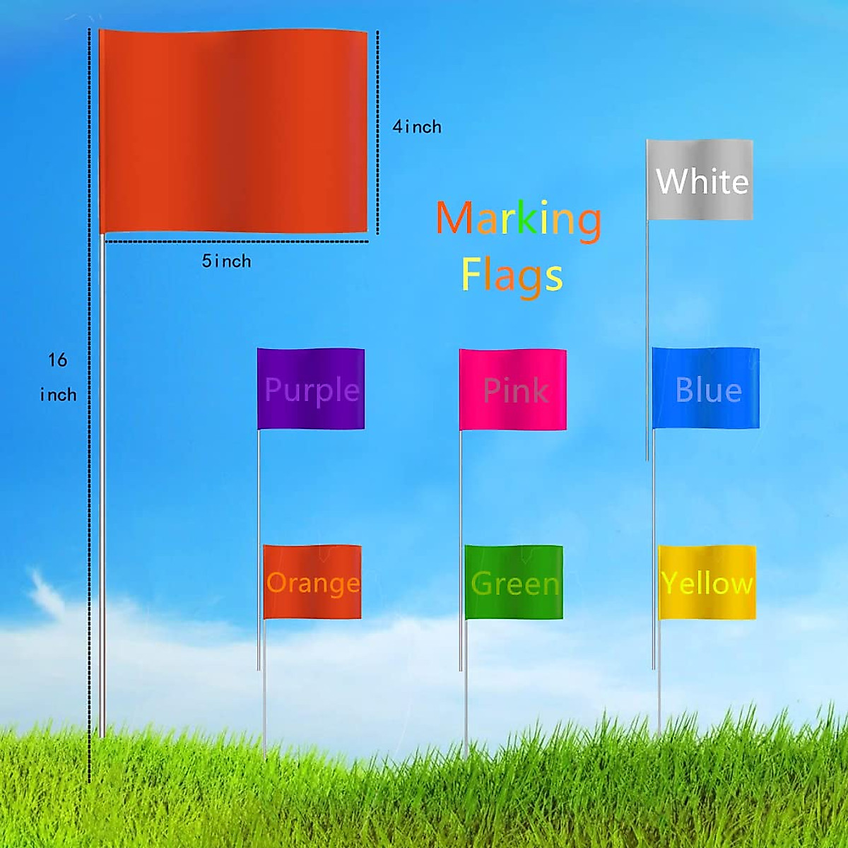 100 Pack Marking Flags 4-Inch by 5-Inch Stake Flags with 16-Inch Wire Staffs (Green)