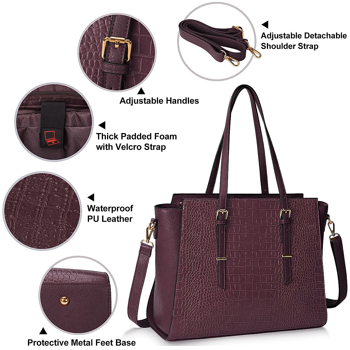 Laptop Bag for Women 15.6 Inch Large Capacity Laptop Tote Bag Waterproof Lightweight Leather Shoulder Handbag Professional Office Briefcase Classy Computer Work Bag, Wine Red