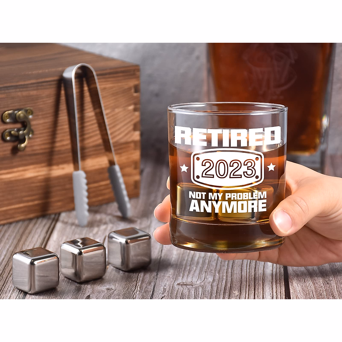 2023 Retirement Gifts for Men, Funny Retired 2023 Not My Problem Any More Whiskey Glass Wooden Gift Boxed Set, Happy Retirement Gifts for Boss, Office Coworkers, Dad, Husband, Brother, Friends