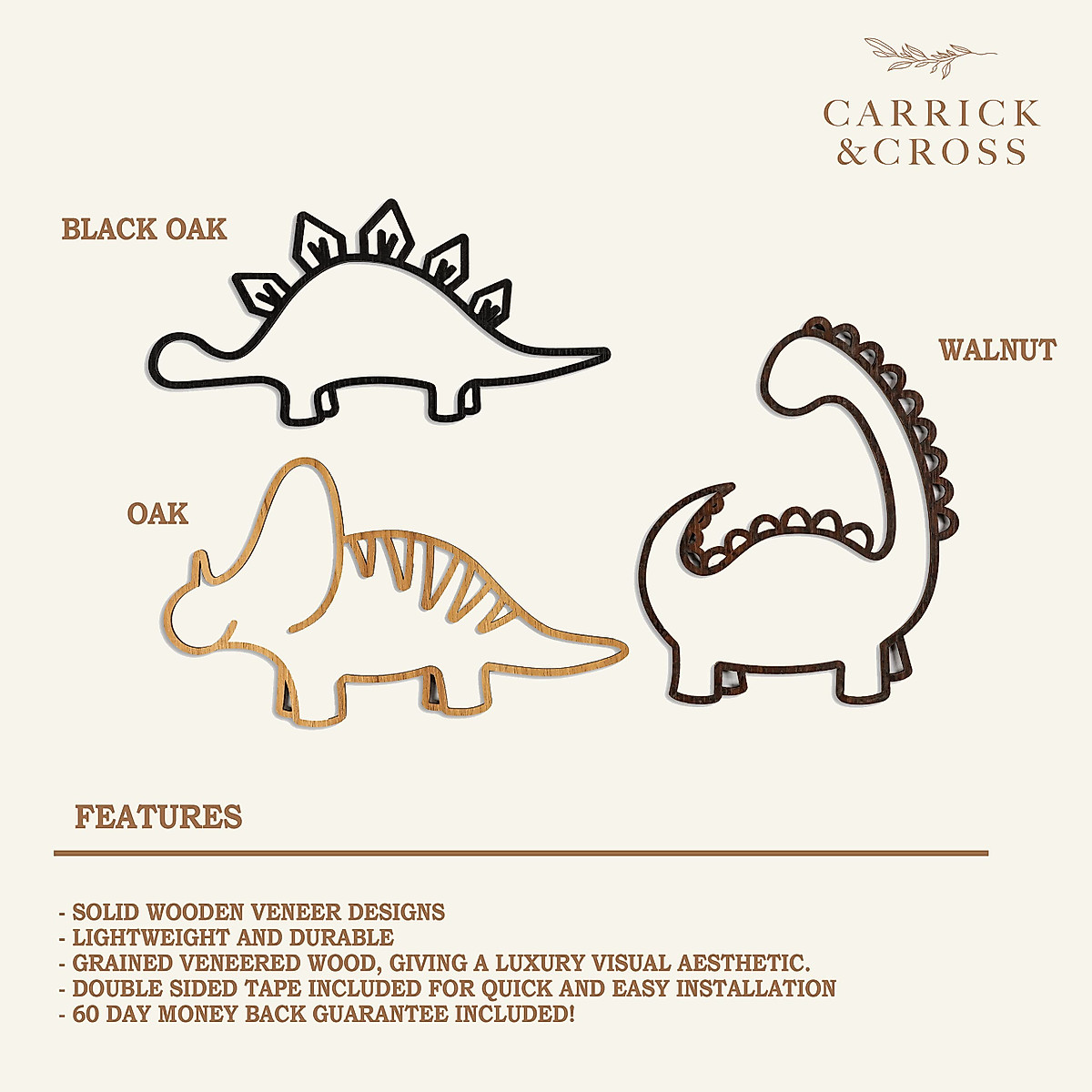 Carrick & Cross – Dinosaur Wall Decor, Wooden Wall Decals – Featuring, Black Oak Stegosaurus, Oak Triceratops & Walnut Brachiosaurus - Dino Wall Art, Perfect in any themed Room; Nursery or Bathroom