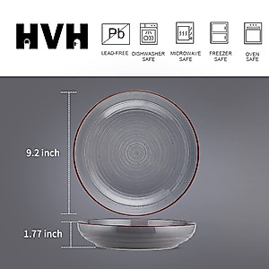 HVH 9.2 inch Large Pasta Bowls Set of 4, 40oz Big Salad Bowl Set of 4, Ceramic Plates Set, Shallow Bowls, Ceramic Bowls Set Microwave and Dishwasher Safe, Farmhouse Style (Grey)