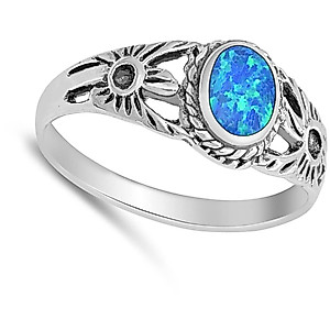 Flower Blue Simulated Opal Wholesale Ring New .925 Sterling Silver Band Size 8