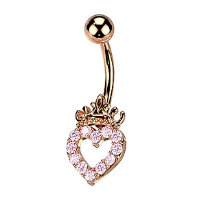 Pierced Owl 14GA 316L Stainless Steel CZ Crystal Paved Hollow Heart and Crown Belly Button Ring (Rose Gold Tone/Pink)