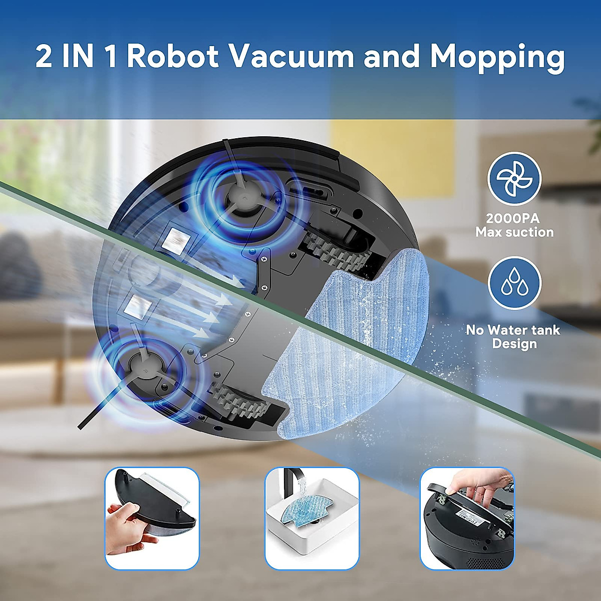 Bagotte Robot Vacuum and Mop Combo, 2000Pa Suction 2600 mAh 2 in 1 Mopping Robotic Vacuum Cleaner with Schedule, WiFi/App/Alexa, Self-Charging, No Water Tank, Ideal for Hard Floor, Pet Hair and Carpet