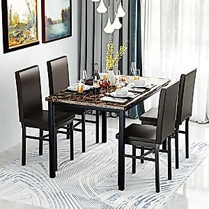 DKLGG Dining Table Set for 4, 5 Pieces Faux Marble Dining Set Kitchen Table and Chairs with 4 Leather Upholstered Chairs for Kitchen, Bar, Living Room, Breakfast Nook, Small Space