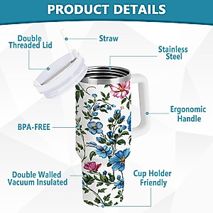 Msyxl 30 oz Insulated Stainless Steel Tumbler with Handle and Straw Lid - Leak-proof Coffee Mug for Men Women, Travel Mug Fits Cup Holder (Vintage Floral Pattern)