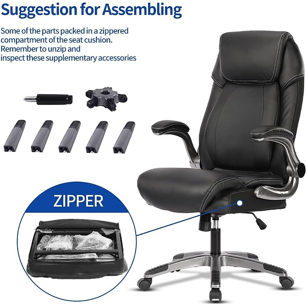 KCREAM Comfortable Executive Office Chairs with Back Support & Flip up Arms, 90-120° Rocking Faux Leather Ergonomic Home Desk Chairs Managerial Chair (Black)