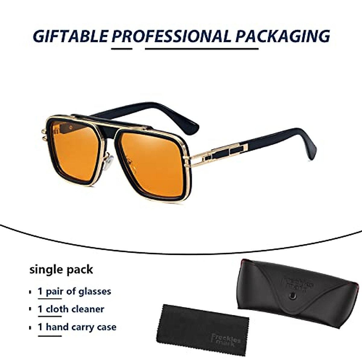 Freckles Mark Trendy Retro Sunglasses for Men Women Classic Stark Vintage Shades 70s Italian Fashion Square Metal Glasses (Yellow/Black, 56)