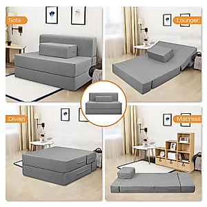 QIUBABYO Folding Sofa Bed Couch with Armrest-Convertible Sleeping Mattress Guest Bed Lounger,Memory Foam Foldable Mattress with Luxury Washable & Removable Cover, 75"x47"x8 (Light Grey)