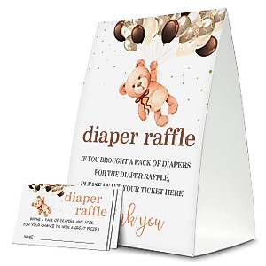 Diaper Raffle Tickets For Baby Shower, Little Bear balloon Themed Cards,Party Favors For Baby Showers Game Cards, 1 Sign & 50 Cards Per Pack – (012-niaobu)