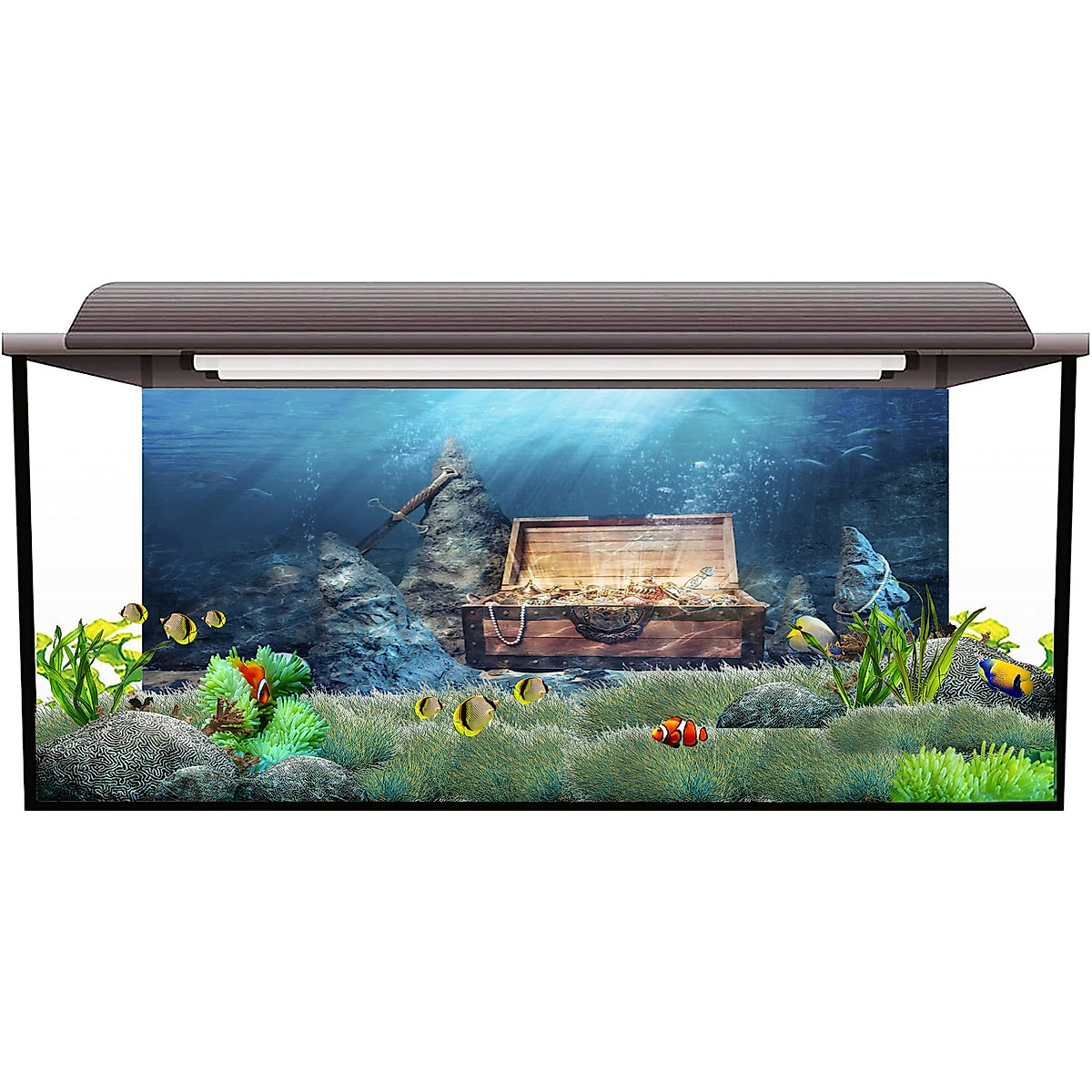 AWERT 24x16 inches Underwater Aquarium Background Opened Treasure Chest with Bright Gold Treasure Box Adventure Water Wealth Pirate Fish Tank Background Vinyl Background