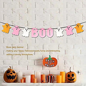 LanttAotte Cute Boo Banner, Pre-Assembled Pink Happy Boo Day Halloween Glittery Ghost Party Decorations for Mantle Girl Baby Shower Décor