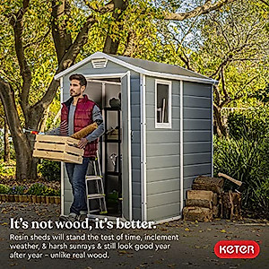 KETER Manor 4x6 Resin Outdoor Storage Shed Kit-Perfect to Store Patio Furniture, Garden Tools Bike Accessories, Beach Chairs and Lawn Mower, Grey & White