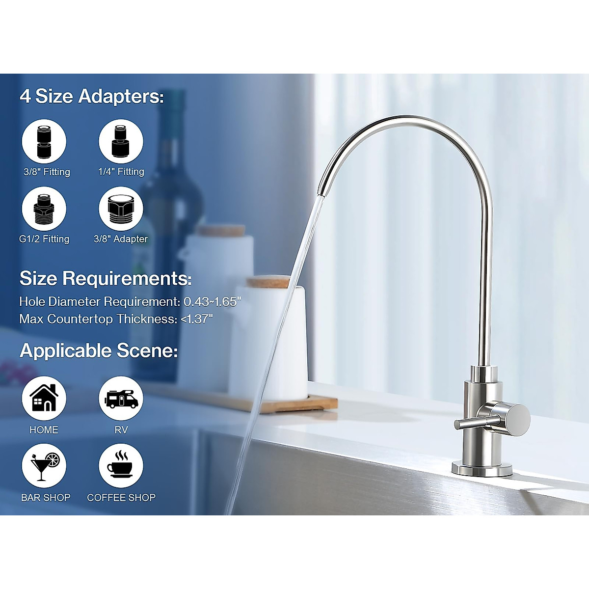 Water Filter Faucet, VMASSTONE Reverse Osmosis Faucet Fits Most RO Units or Water Filtration System in Non-Air Gap, Lead-Free Stainless Steel Drinking Water Faucet for Bar Kitchen Sink, RV (DM001 BN)