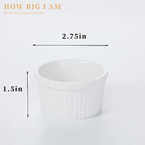 3 oz Ramekins 6 pcs Porcelain Ramekins Dishes for Souffle,Creme Brulee, Pudding, Custard Cups,Bakeware Bowls Set for Baking,Oven Safe, White 2.75 inch