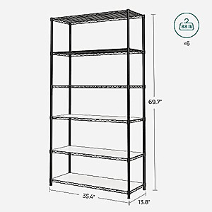 SONGMICS Garage Shelving, 6-Tier Wire Shelving Unit, Kitchen Storage Rack with Adjustable Shelves, Shelf Liners, 8 Hooks, Total Max. Load 528 lb, for Living Room, Garage, Black ULGR096B01