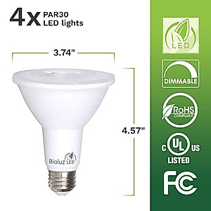 Bioluz LED 4 Pack PAR30 LED Bulb 90 CRI 10W = 100 Watt Replacement Soft White 3000K Indoor/Outdoor Dimmable UL Listed Title 20 High Efficacy Lighting