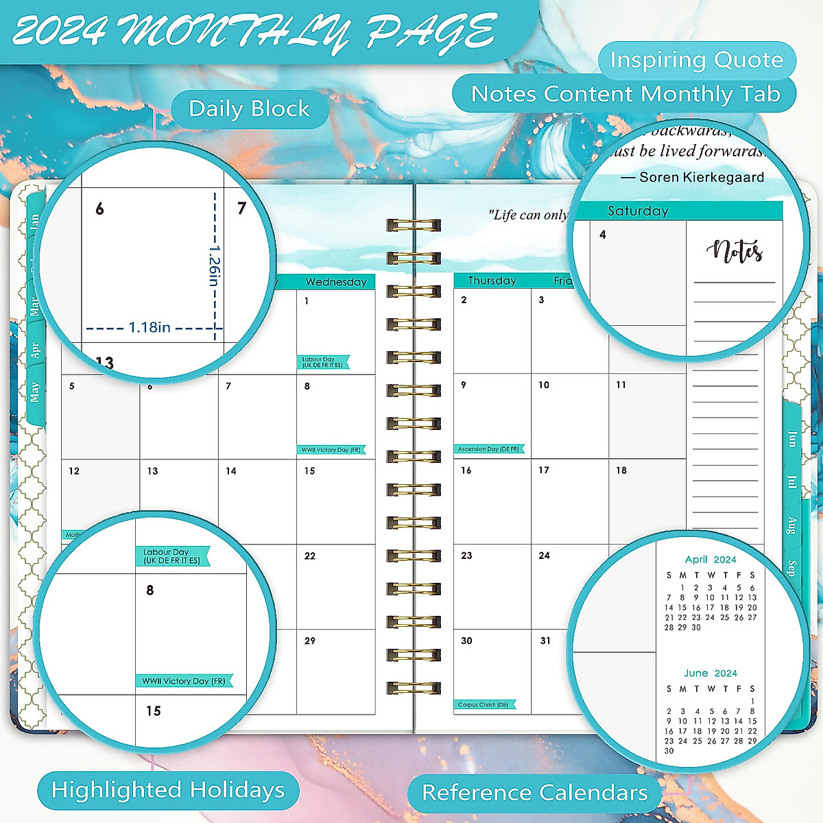 2024 Planner - 2024 Weekly & Monthly Planner with Tabs, 6.3" x 8.4", January 2024 - December 2024, Hardcover Planner 2024 with Back Pocket + Thick Paper + Twin-Wire Binding - Contrast Watercolor