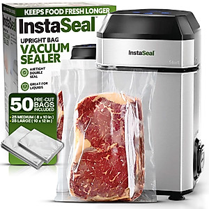 InstaSeal Food Vacuum Sealer Machine with 50 Bags, Patented Upright Food Saver Vacuum Sealer Machine Allows to Vacuum Seal Liquids, Food Sealer Vacuum Sealer for Food Saves & Keeps Food Fresh Longer