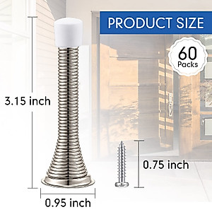 60 Pcs Spring Door Stopper Bulk 3-1/8" Wall Mounted Stainless Steel Spring Door Stops Heavy Duty Flexible Door Stopper with Rubber Bumper Tips Screw in Door Stoppers Wall Protector for Office Home